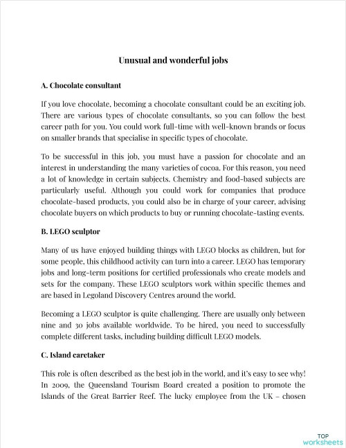 Unusual and wonderful jobs. Interactive worksheet | TopWorksheets