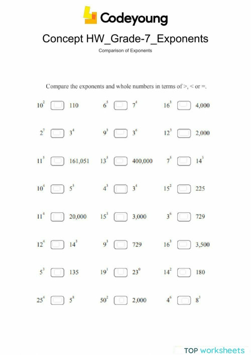 Comparison of Exponents Concept HW. Interactive worksheet | TopWorksheets