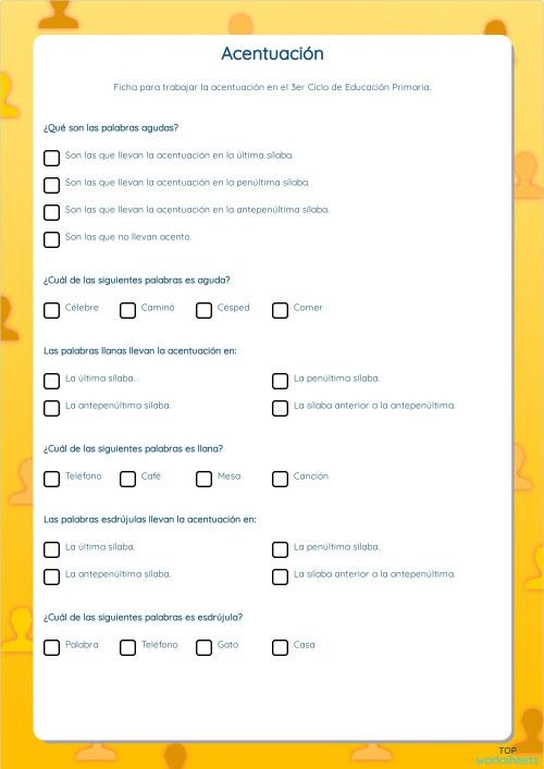 Acentuación: fichas interactivas y ejercicios online | TopWorksheets