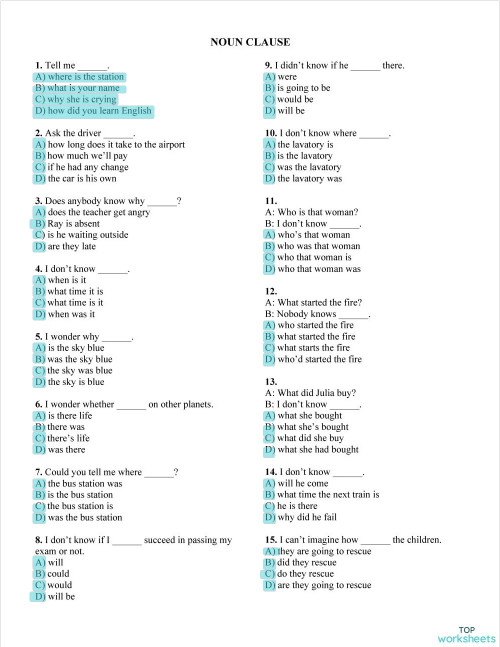 G7 - noun clause test. Interactive worksheet | TopWorksheets