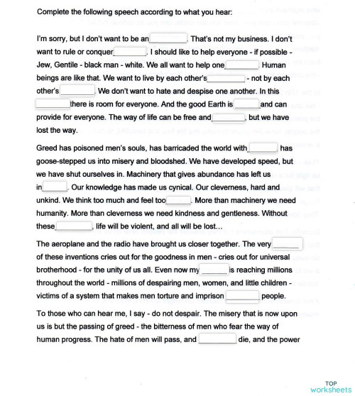 Great dictator speech. Interactive worksheet | TopWorksheets