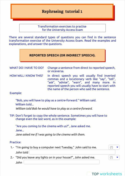 Rephrasing tutorial 1. Interactive worksheet | TopWorksheets