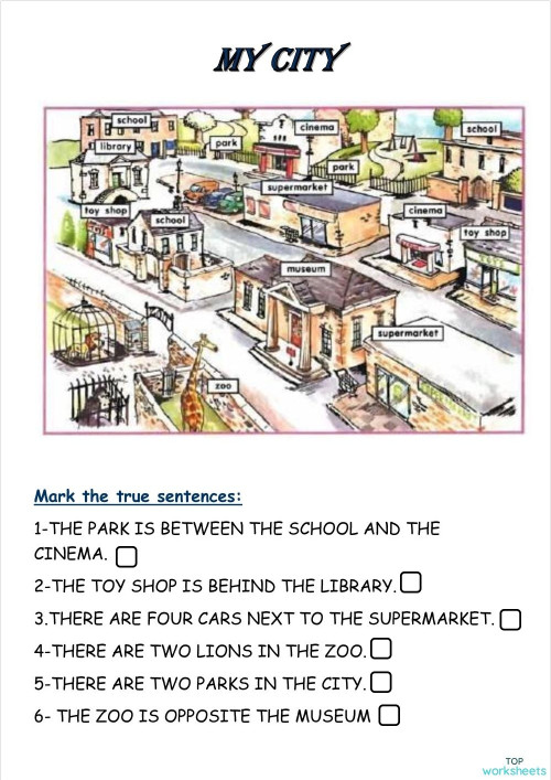MY CITY - THERE IS/ARE, PREPOSITIONS. Interactive worksheet | TopWorksheets