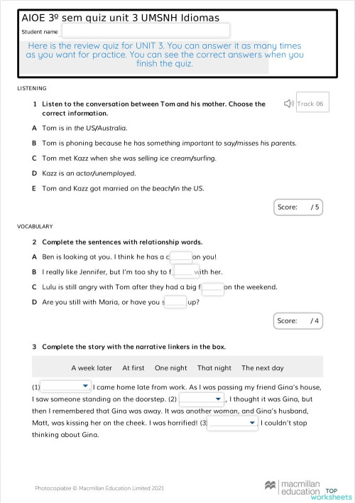 3rd Unit 3 Quiz Interactive Worksheet Topworksheets
