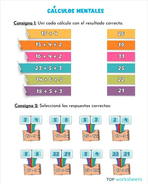 CM 01 - Cálculos mentales sencillos. Ficha interactiva | TopWorksheets