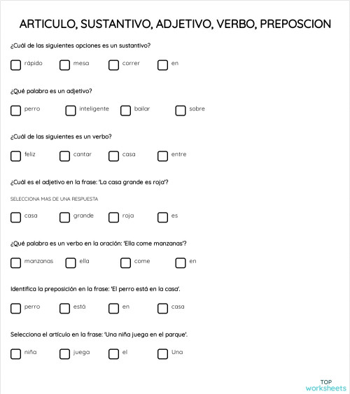 Sustantivos, adjetivos y verbos.. Ficha interactiva | TopWorksheets