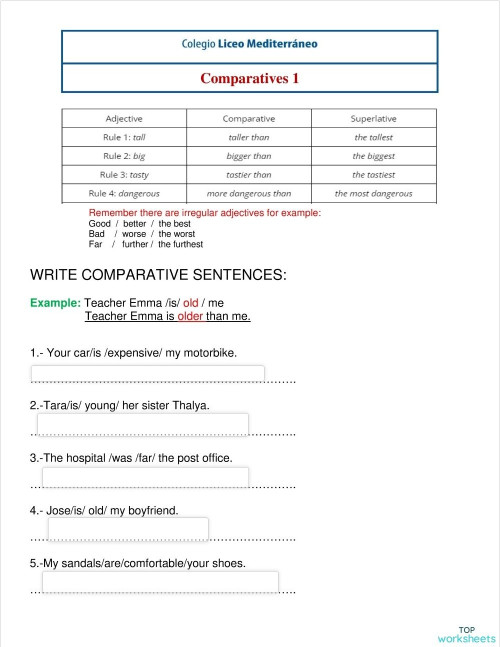 Comparatives write sentences 1. Interactive worksheet | TopWorksheets