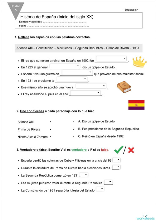 ESPAÑA EN LOS SIGLOS XX Y XXI. Ficha interactiva | TopWorksheets