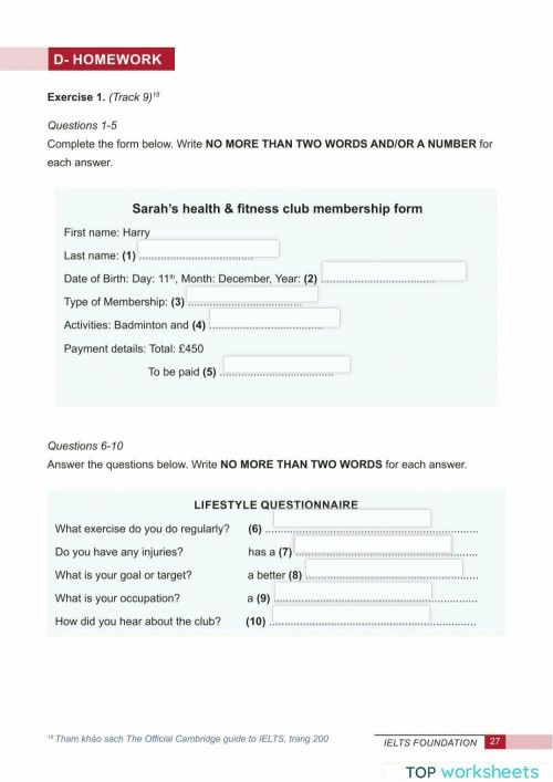 Listening 2 - sports club. Interactive worksheet | TopWorksheets