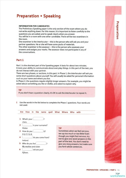 SPEAKING-PART 1. Interactive worksheet | TopWorksheets