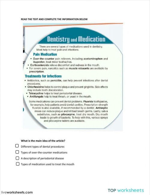 Medication in dentistry. Interactive worksheet | TopWorksheets