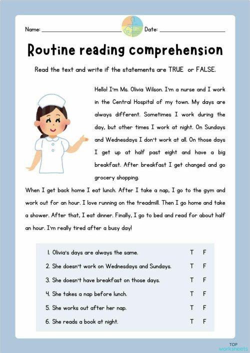 Daily routine reading comprehension worksheet in blue white cute style ...
