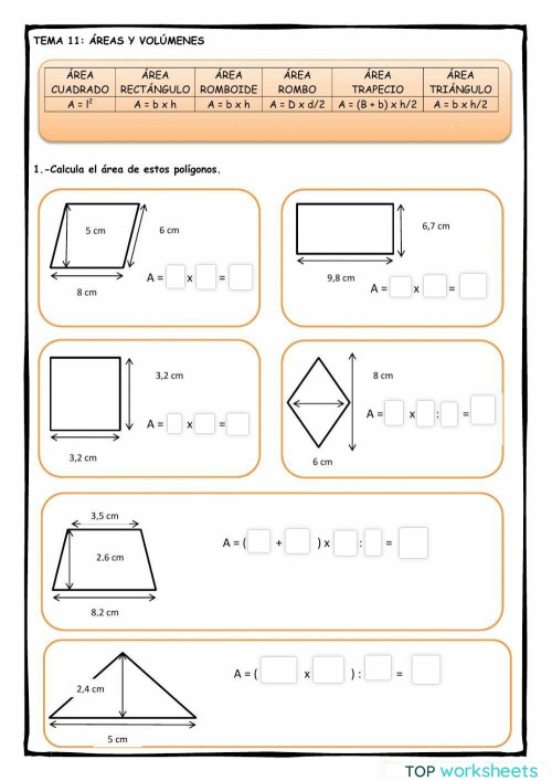 Áreas y volúmenes: fichas interactivas y ejercicios online | TopWorksheets