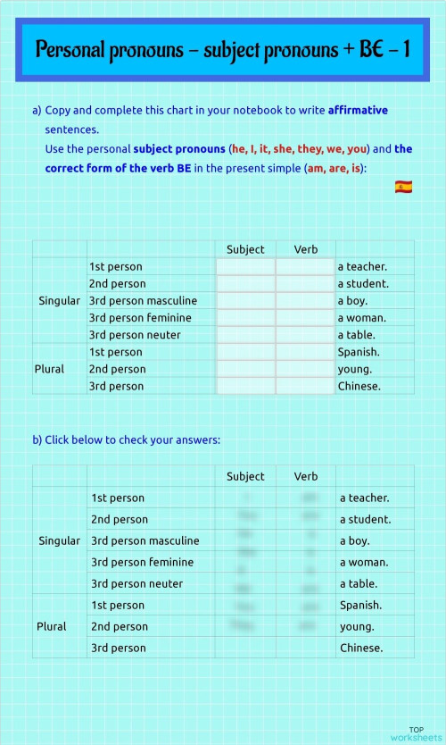 Personal pronouns - subject pronouns + BE - 1. Interactive worksheet ...