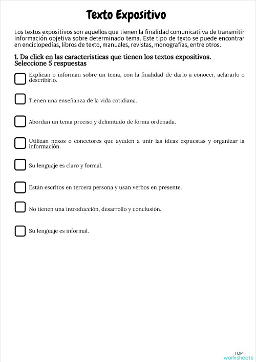 Texto Expositivo: fichas interactivas y ejercicios online | TopWorksheets Texto Expositivo: fichas interactivas y ejercicios online | TopWorksheets