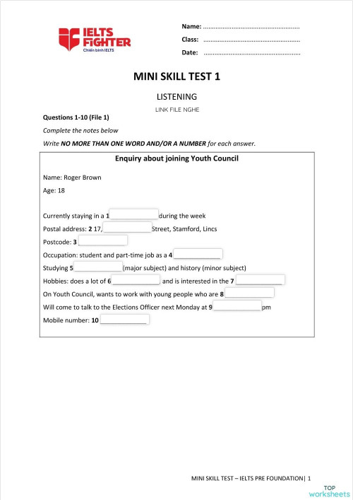 PreF - MINI TEST 1. Interactive worksheet | TopWorksheets