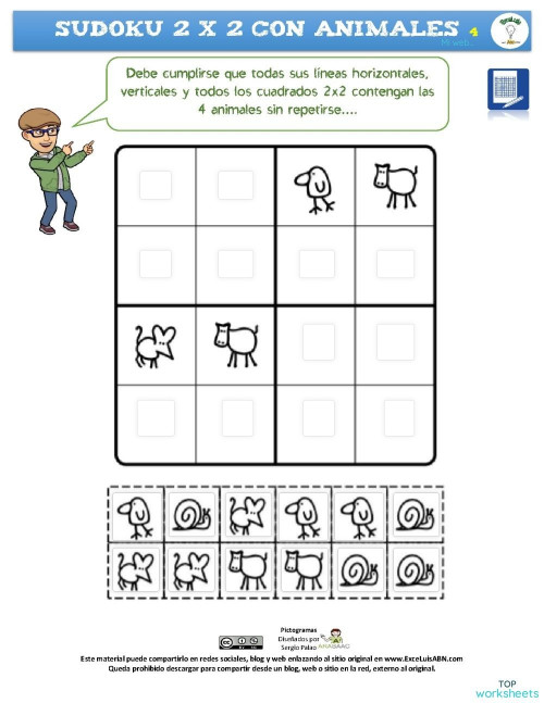 Sudoku 2x2 - animales 03. Ficha interactiva | TopWorksheets
