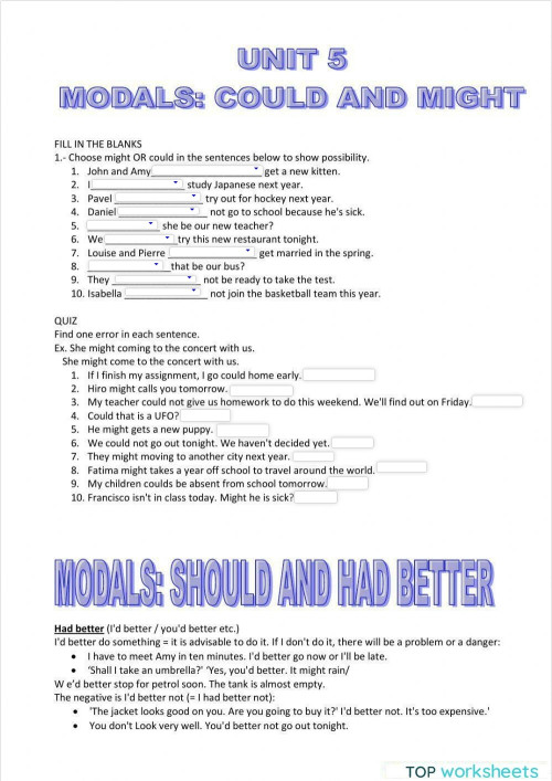Modal verbs. Interactive worksheet | TopWorksheets