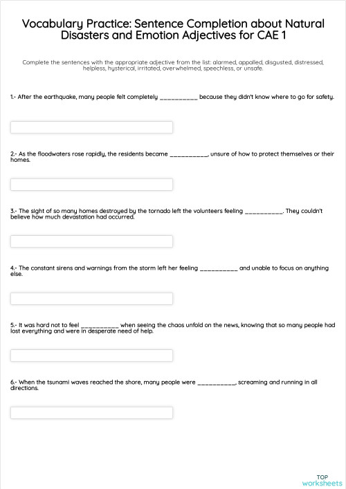 Vocabulary Practice: Sentence Completion about Natural Disasters and ...