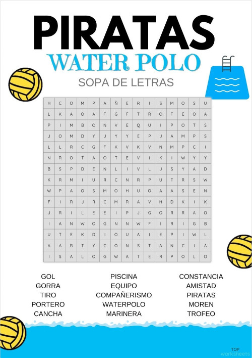 SOPA DE LETRAS_PIRATAS WATERPOLO. Ficha interactiva | TopWorksheets