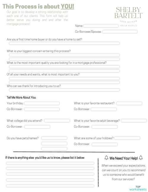 Client Questionaire. Interactive worksheet | TopWorksheets