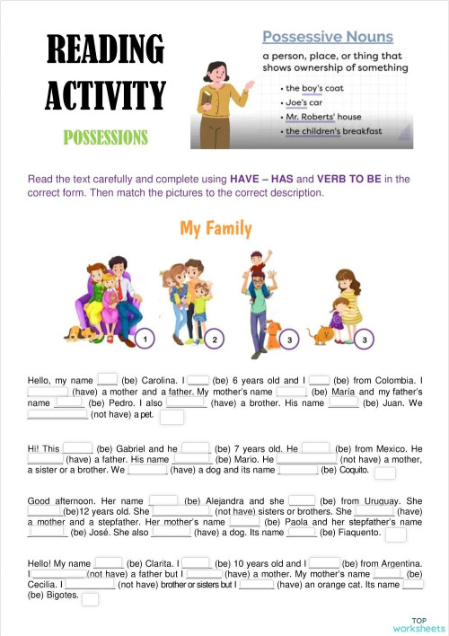 READING ACTIVITY - POSSESSIONS. Ficha interactiva | TopWorksheets