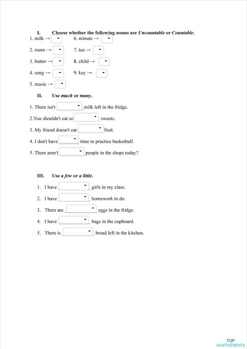 Uncountable, Countable, much/many, a few/a little. Interactive ...
