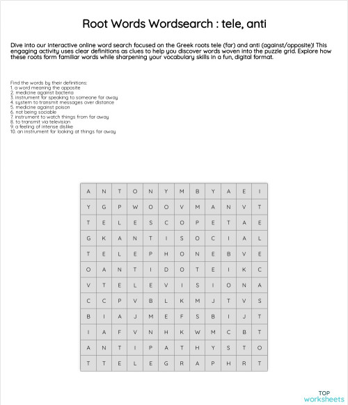 Root Words Wordsearch : tele, anti. Interactive worksheet | TopWorksheets