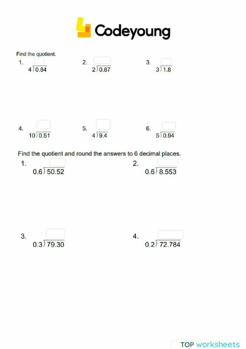 Long Division Method for Decimals Concept HW. Interactive worksheet ...