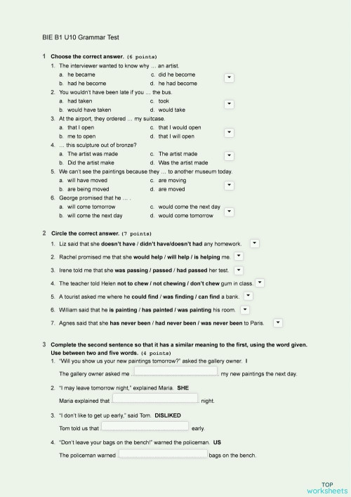 BIE B1 U10 Grammar test. Interactive worksheet | TopWorksheets