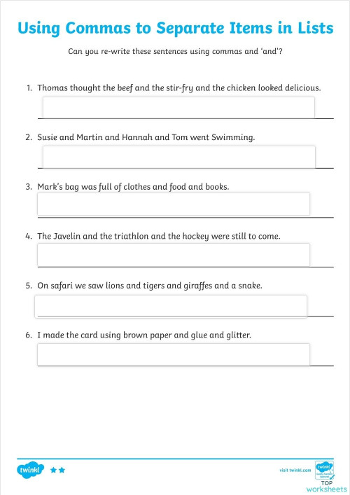 Using commas. Interactive worksheet | TopWorksheets