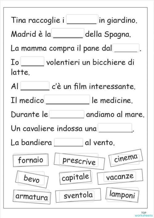 Riempi gli spazi con le parole corrette. Scheda interattiva | TopWorksheets