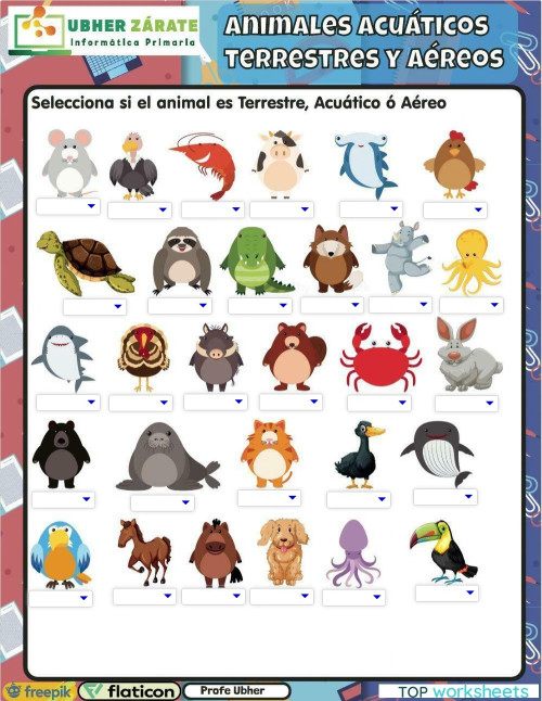Animales Terrestres, Acuáticos y Aéreos. Ficha interactiva | TopWorksheets