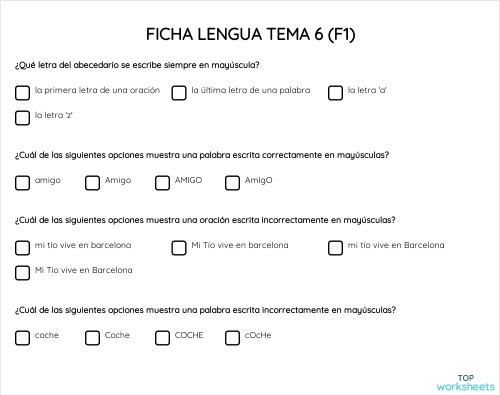 Uso de la mayúscula. Ficha interactiva | TopWorksheets
