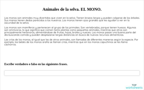Animales de la selva. EL MONO.. Ficha interactiva | TopWorksheets