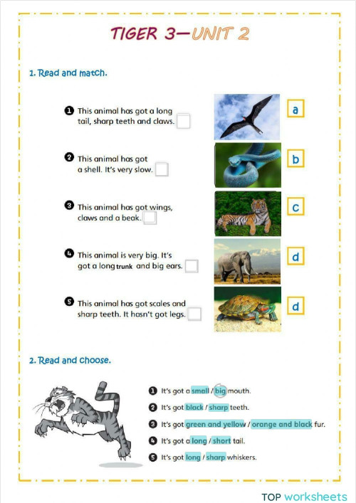 Animal body parts -Tiger 3. Interactive worksheet | TopWorksheets