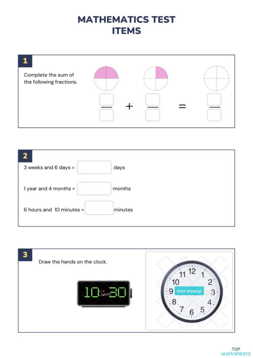 Mathematics Test II. Interactive worksheet | TopWorksheets