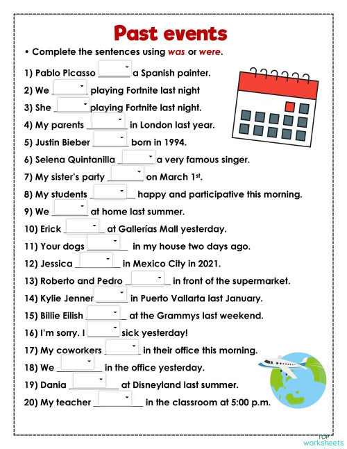 Past events (using was and were). Interactive worksheet | TopWorksheets
