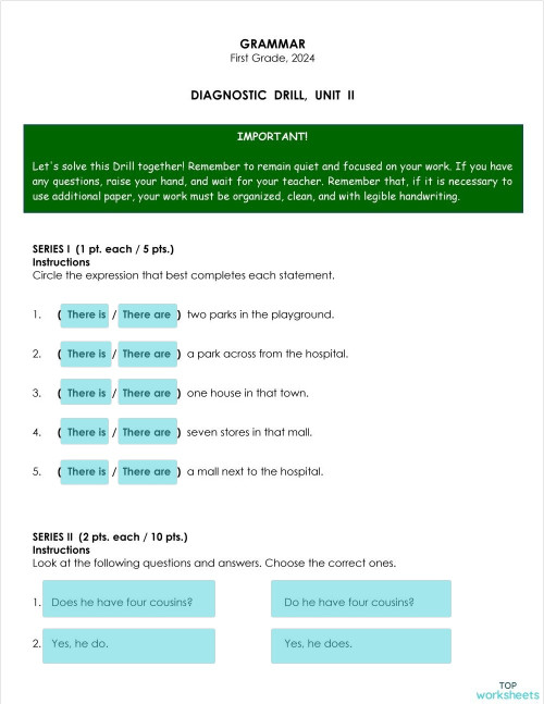 Grammar Diagnostic Drill-First Grade-Unit II. Interactive worksheet ...