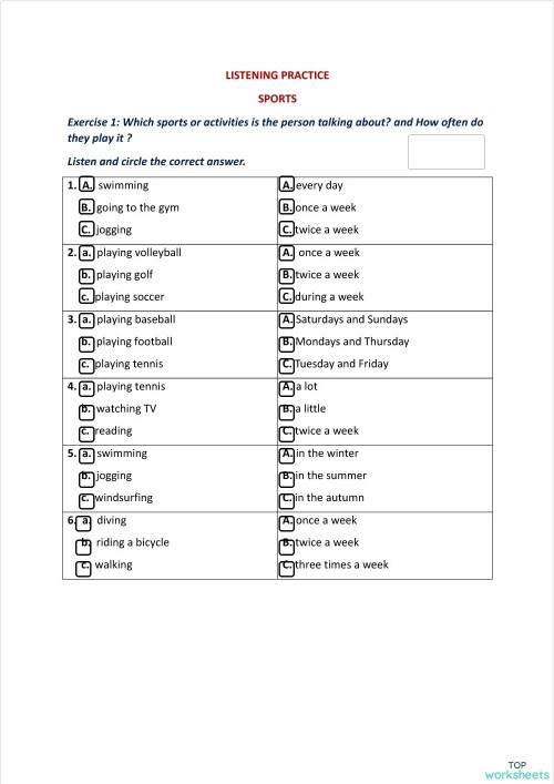 LISTENING PRACTICE: SPORTS. Interactive worksheet | TopWorksheets