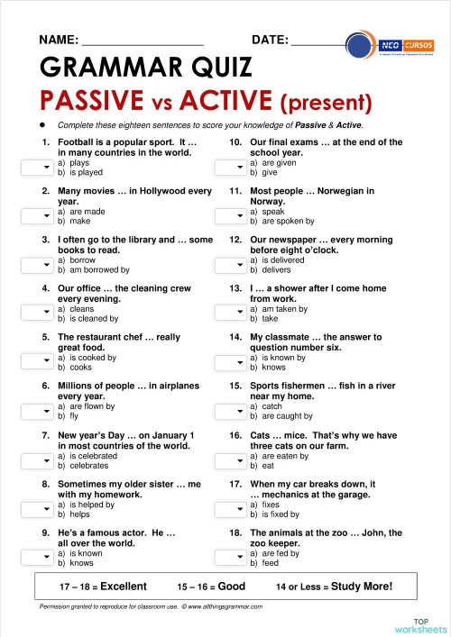 NEO - PASSIVE vs ACTIVE (present). Interactive worksheet | TopWorksheets
