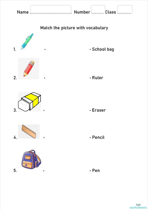 School Things:Match the picture Grade1 ใบงานเชิงโต้ตอบ | TopWorksheets