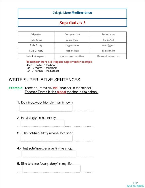 Superlatives write sentences 2. Interactive worksheet | TopWorksheets