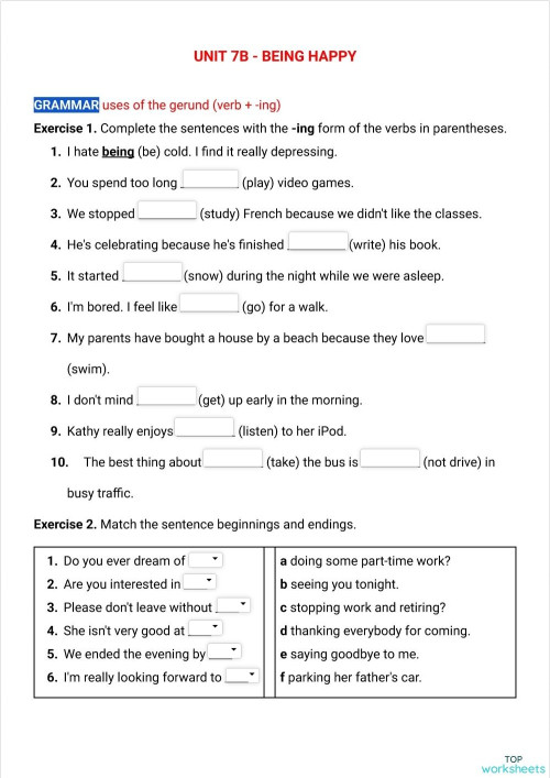 Unit 7B - Being happy. Interactive worksheet | TopWorksheets