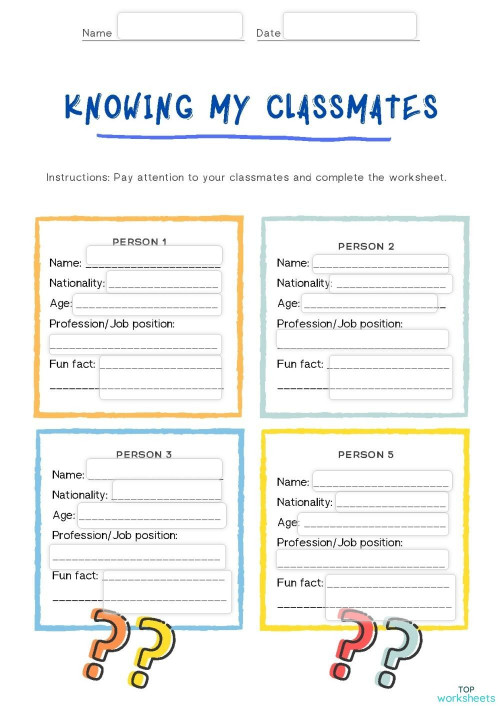 Knowing my Classmates - Worksheet. Interactive worksheet | TopWorksheets