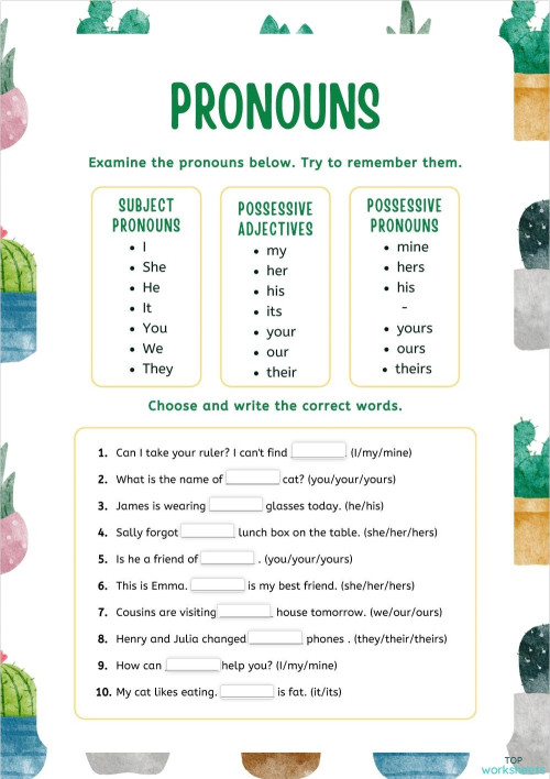 Pronouns (Personal/Possessive) A1. Interactive worksheet | TopWorksheets