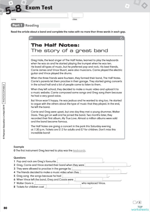 A2 reading part 2 0/7 test 3. Interactive worksheet | TopWorksheets