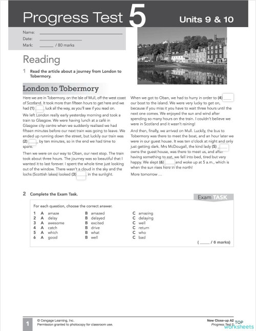 Close-up A2 Progress Test 5 Reading. Interactive worksheet | TopWorksheets