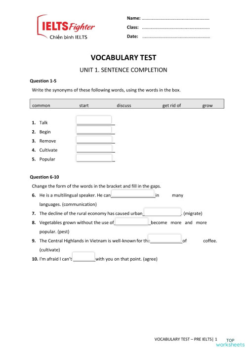 VOCAB TEST 4. UNIT 1. READING. SENTENCE COMPLETION. Interactive ...