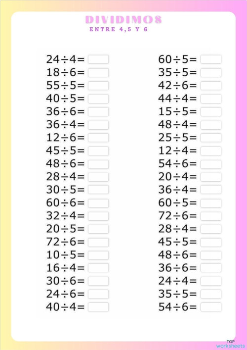 Tabla de divisiones entre 4,5,6,7,8 y 9. Ficha interactiva | TopWorksheets